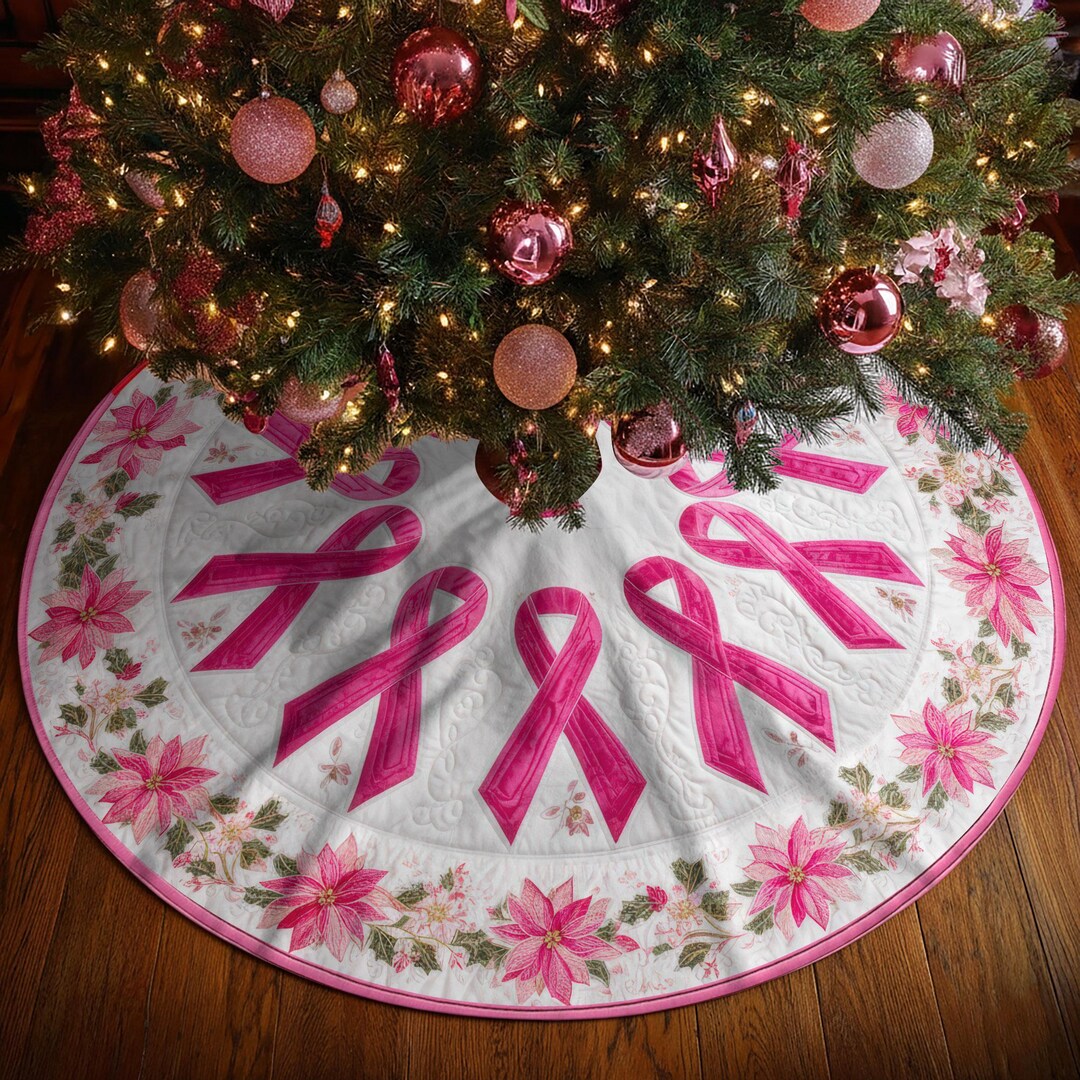 Breast Cancer Christmas Tree Skirt, Pink Ribbon Christmas Tree Cover ...