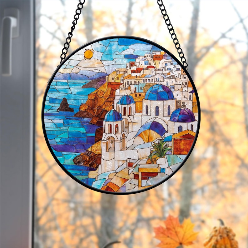Santorini of the Caribbean Faux Stained Glass Suncatcher, Greece ...