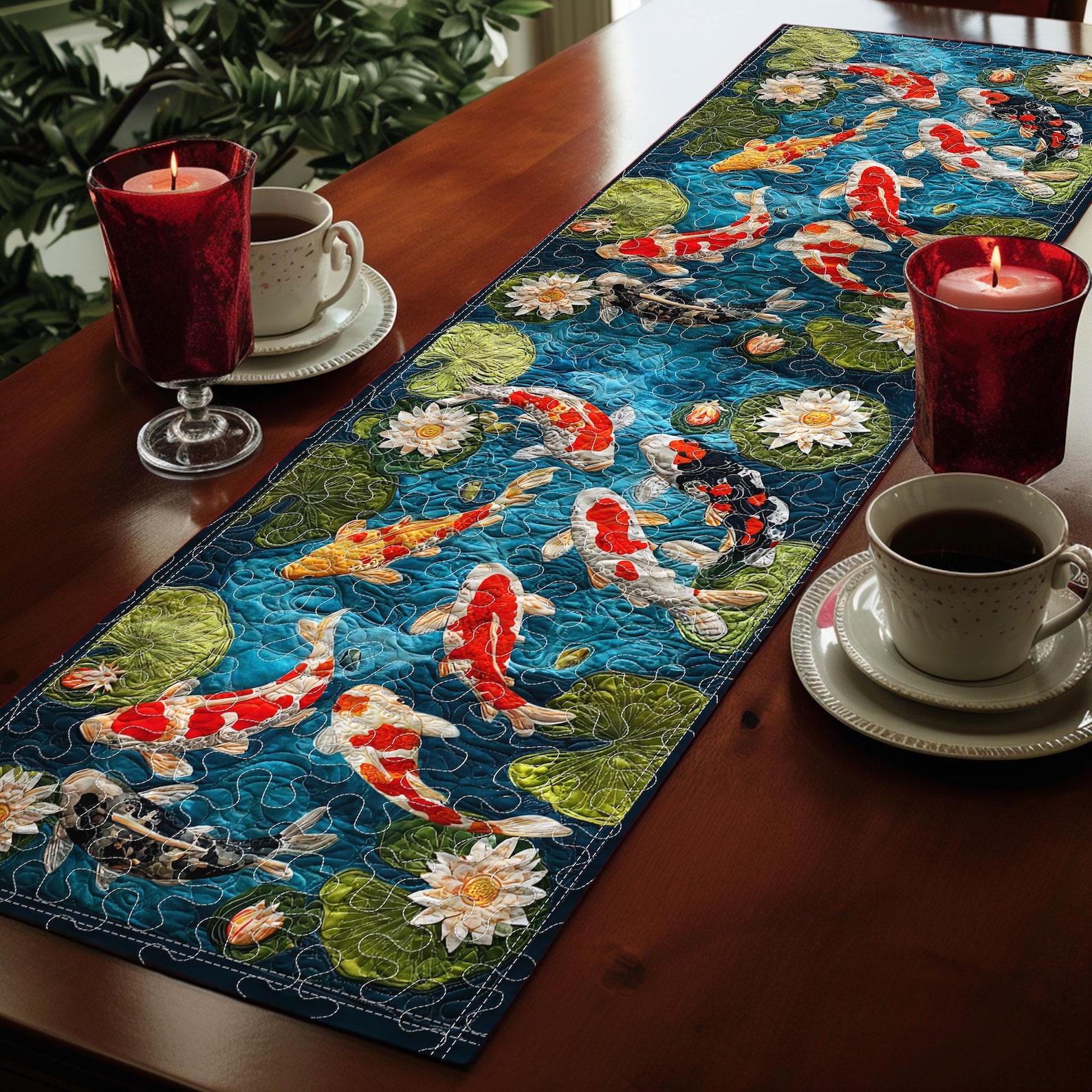 Quilted Japanese Koi Fish Pond Table Runner – Lotus & Koi Fish Pattern ...