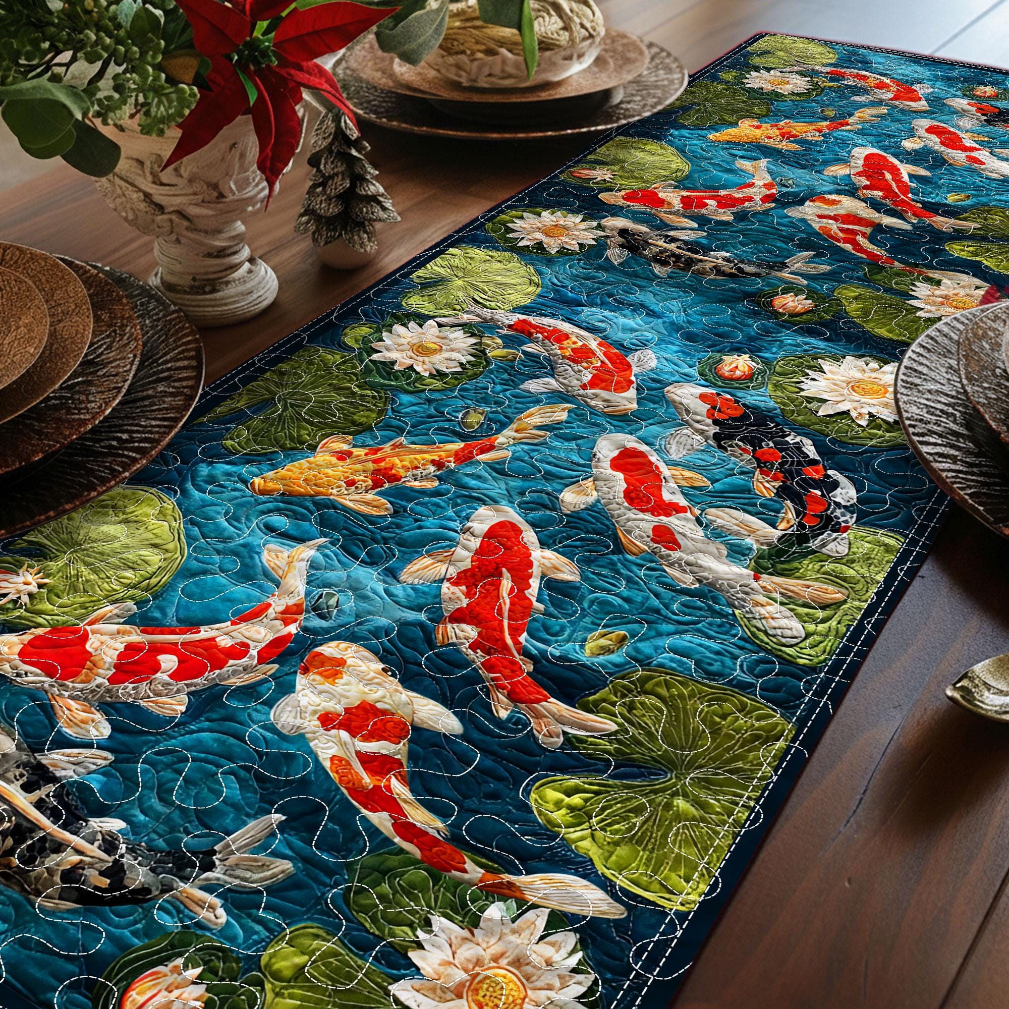 Quilted Japanese Koi Fish Pond Table Runner – Lotus & Koi Fish Pattern ...