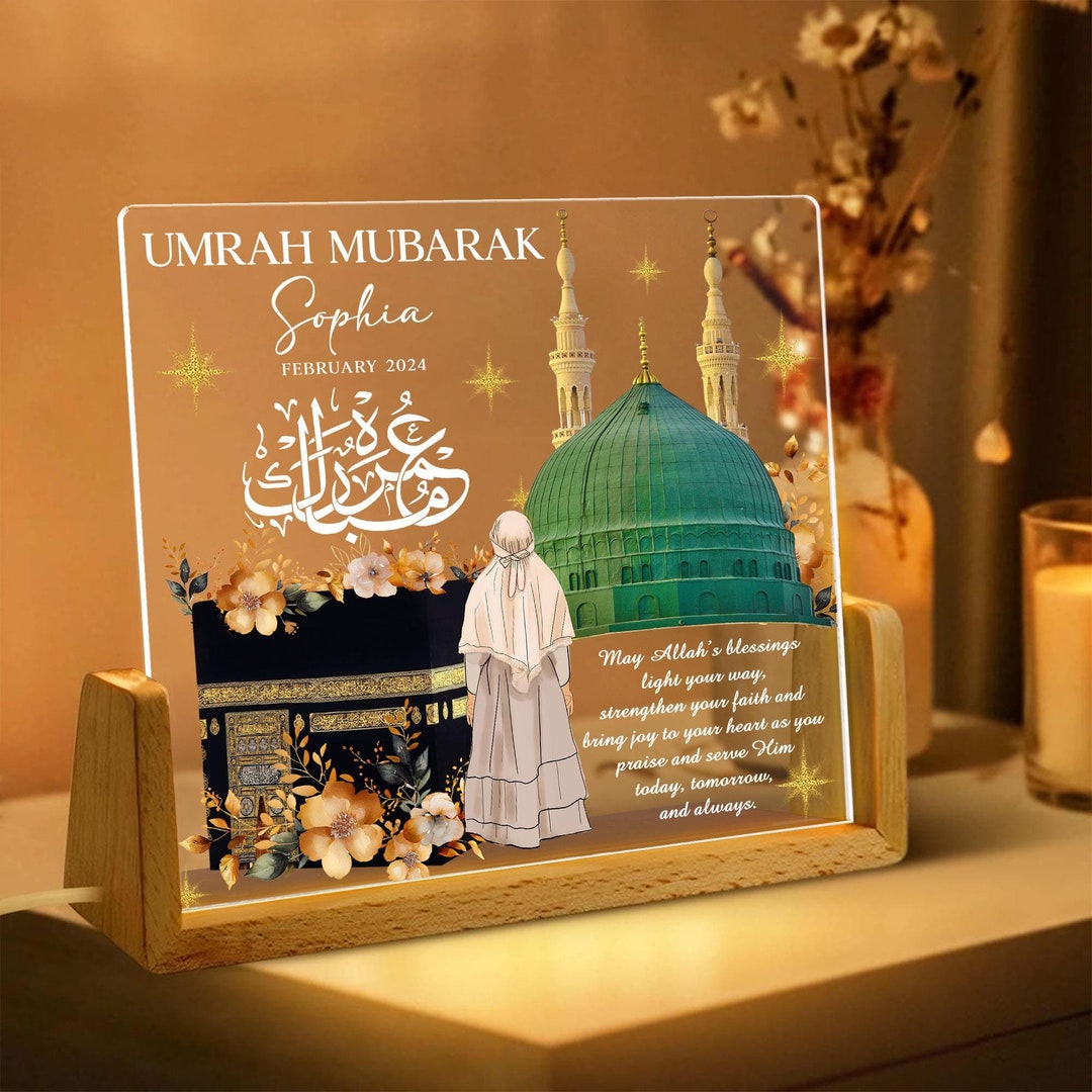 Personalized Umrah Mubarak Led Light Wooden Base, Islamic Night Light ...