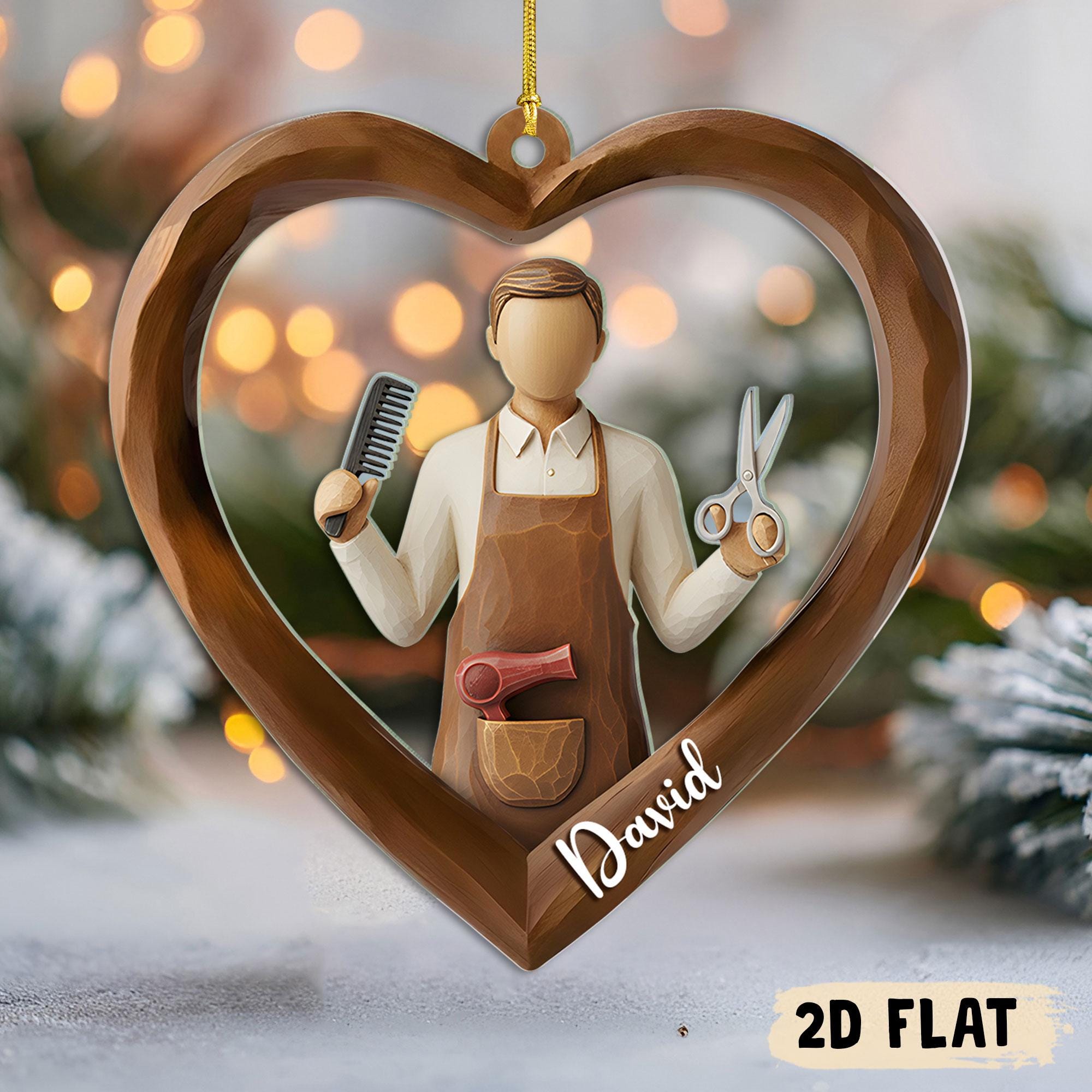 Custom 2D Flat Faux Wood - Carving Hair Stylist Christmas Ornament, 2D ...