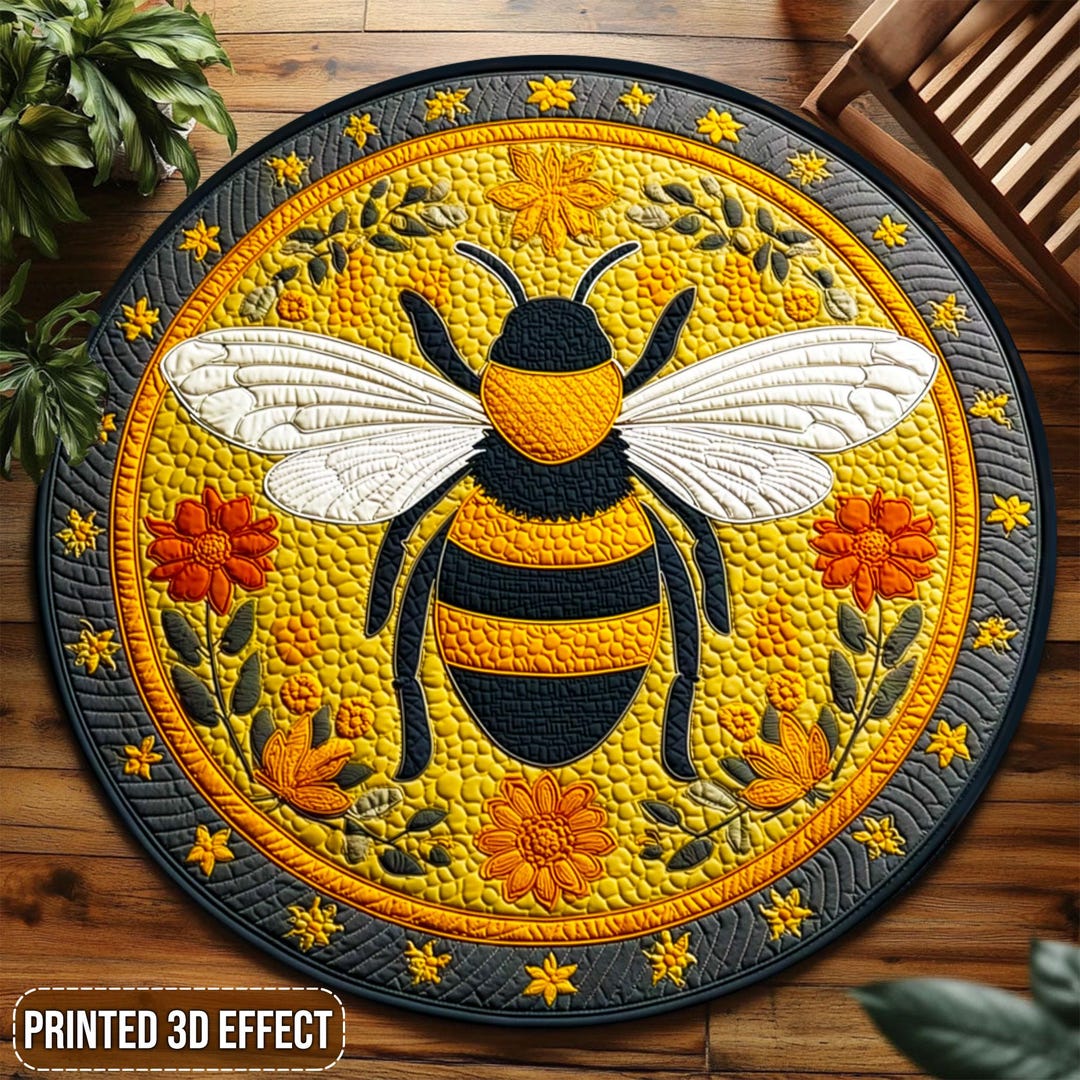3D Effect Print Bee Rug, Bee and Flower Round Mat, Bee Floor Mat, Cute ...