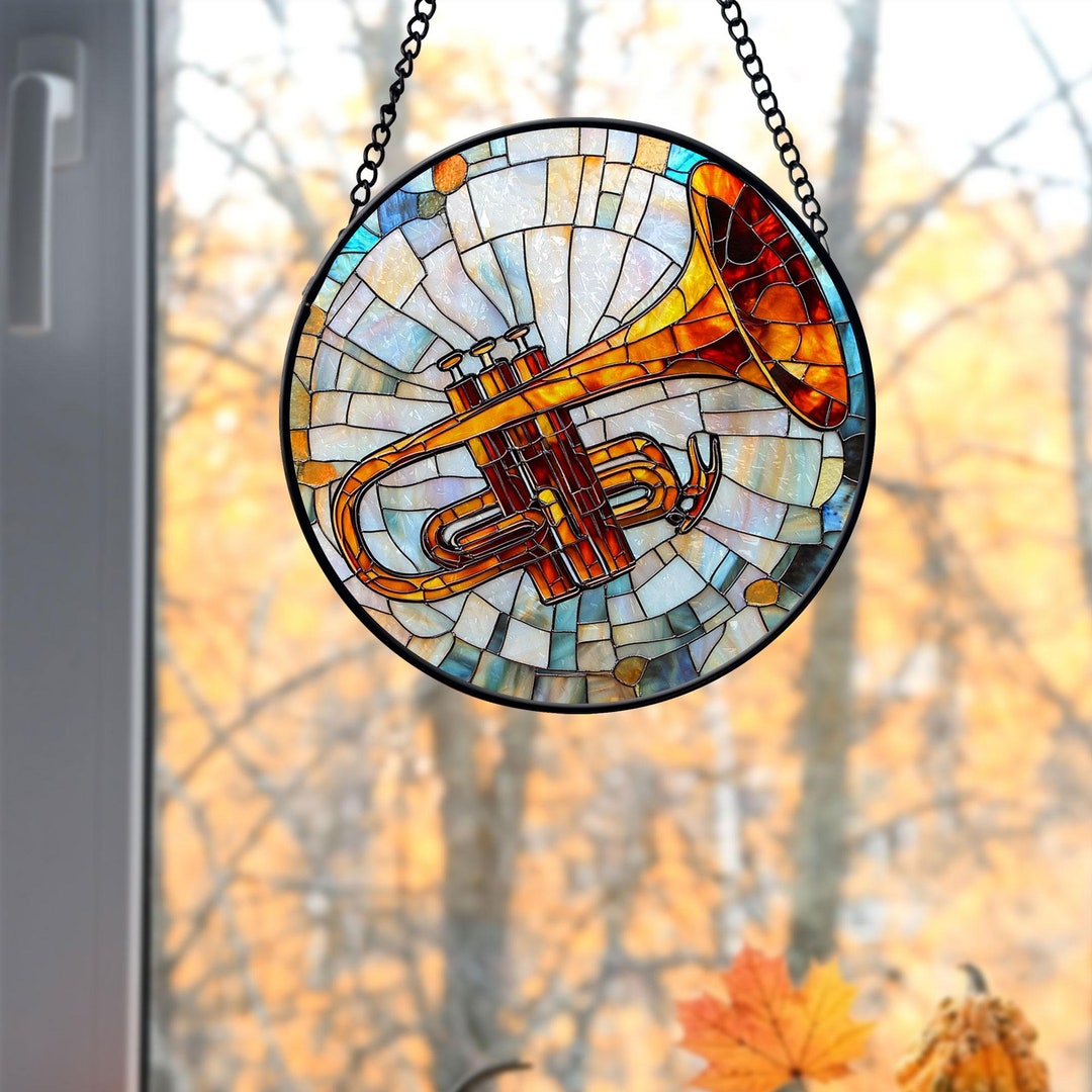Trumpet Faux Stained Glass Suncatcher, Musical Instrument Stained Glass ...