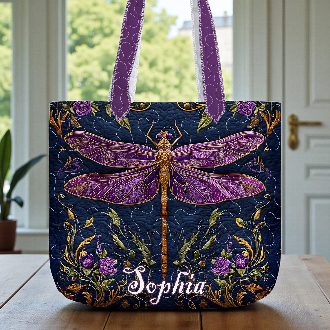 Personalized Purple Dragonfly Quilted Tote Bag, Dragonfly With Floral ...