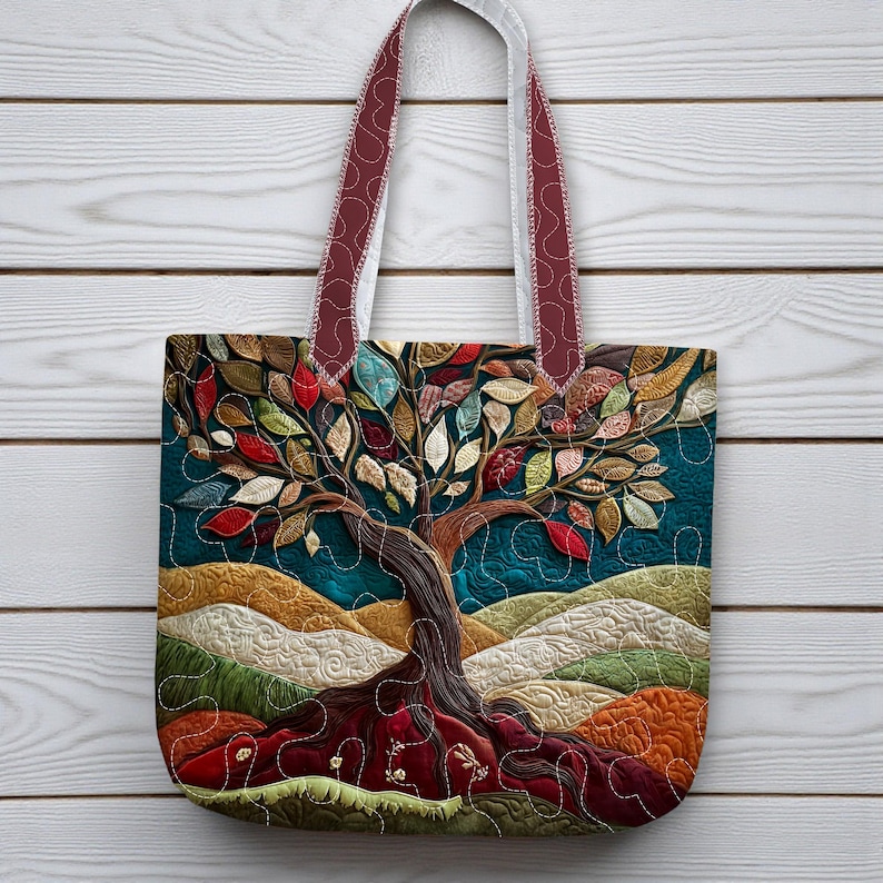 Tree of Life Quilted Tote Bag, Colorful Shoulder Bag, Nature Inspired ...
