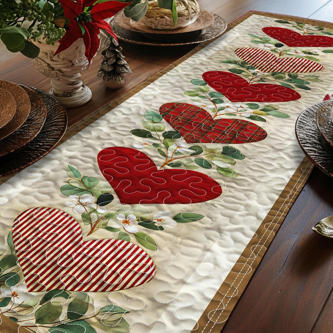 Valentine’s Day Quilt Table Runner With Heart Pattern, Red Pink Love ...