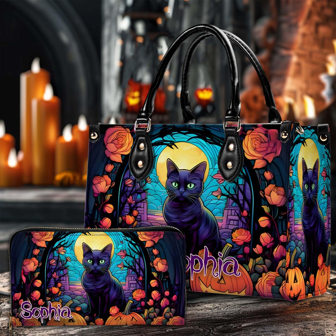 Personalized Stained Glass Halloween Leather Handbag With Handle ...