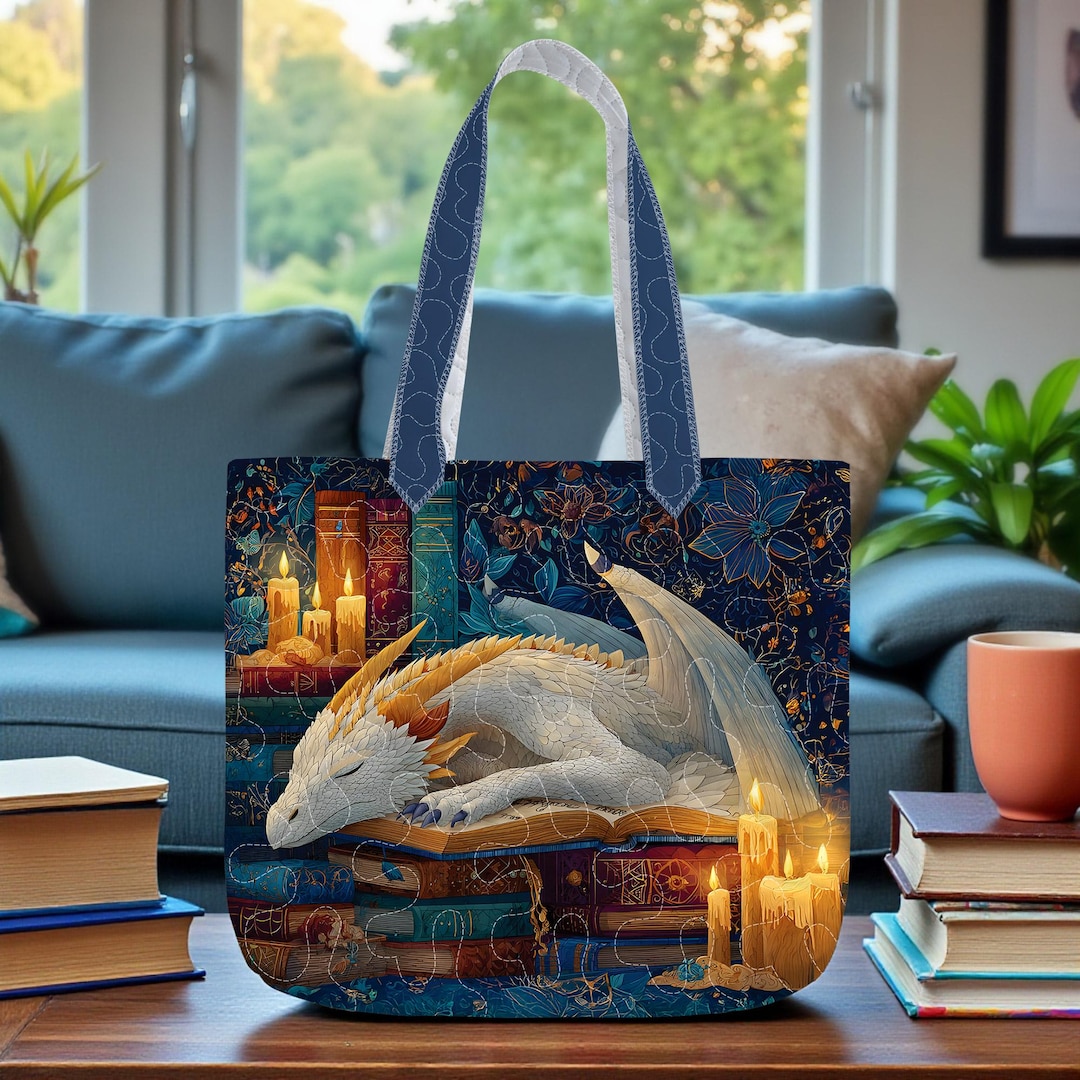 Fantasy Dragon Lying on Book Tote Bag, Literary Dragon Library Tote ...