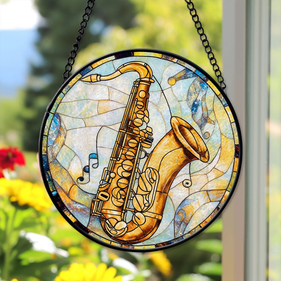 Saxophone Faux Stained Glass Suncatcher, Musical Instrument Stained ...