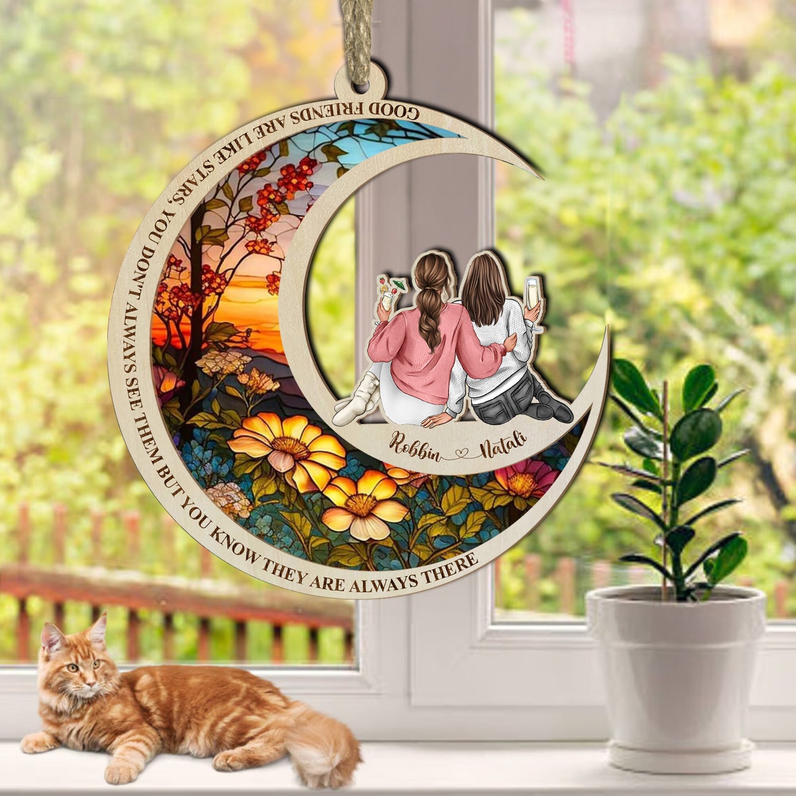 Personalized Sisters Suncatcher, Girls Sitting on the Moon Window ...