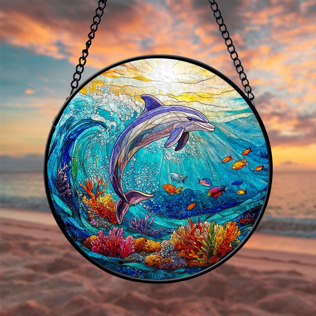 Dolphin Faux Glass Suncatcher, Dolphin Window Hanger, Dolphin Decor ...