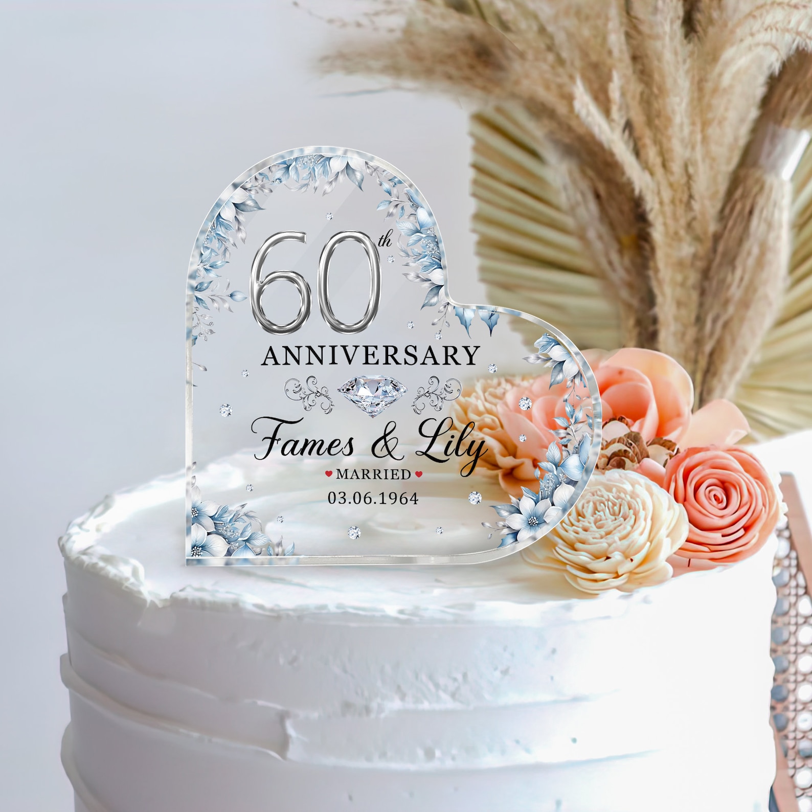 Personalized 60th Wedding Anniversary Cake Topper, Diamond Wedding ...