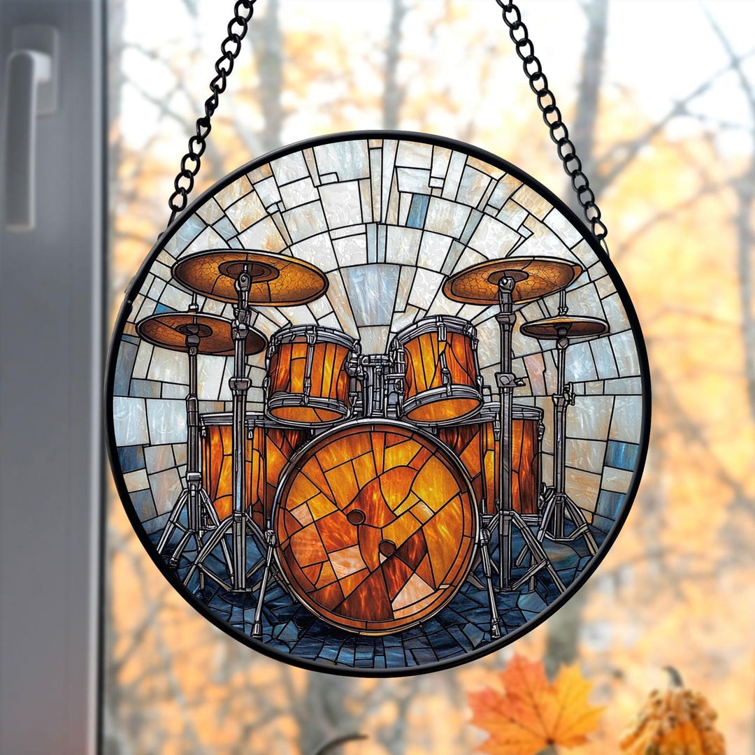 Faux Stained Glass Drum Kit Suncatcher, Musical Instrument Stained ...