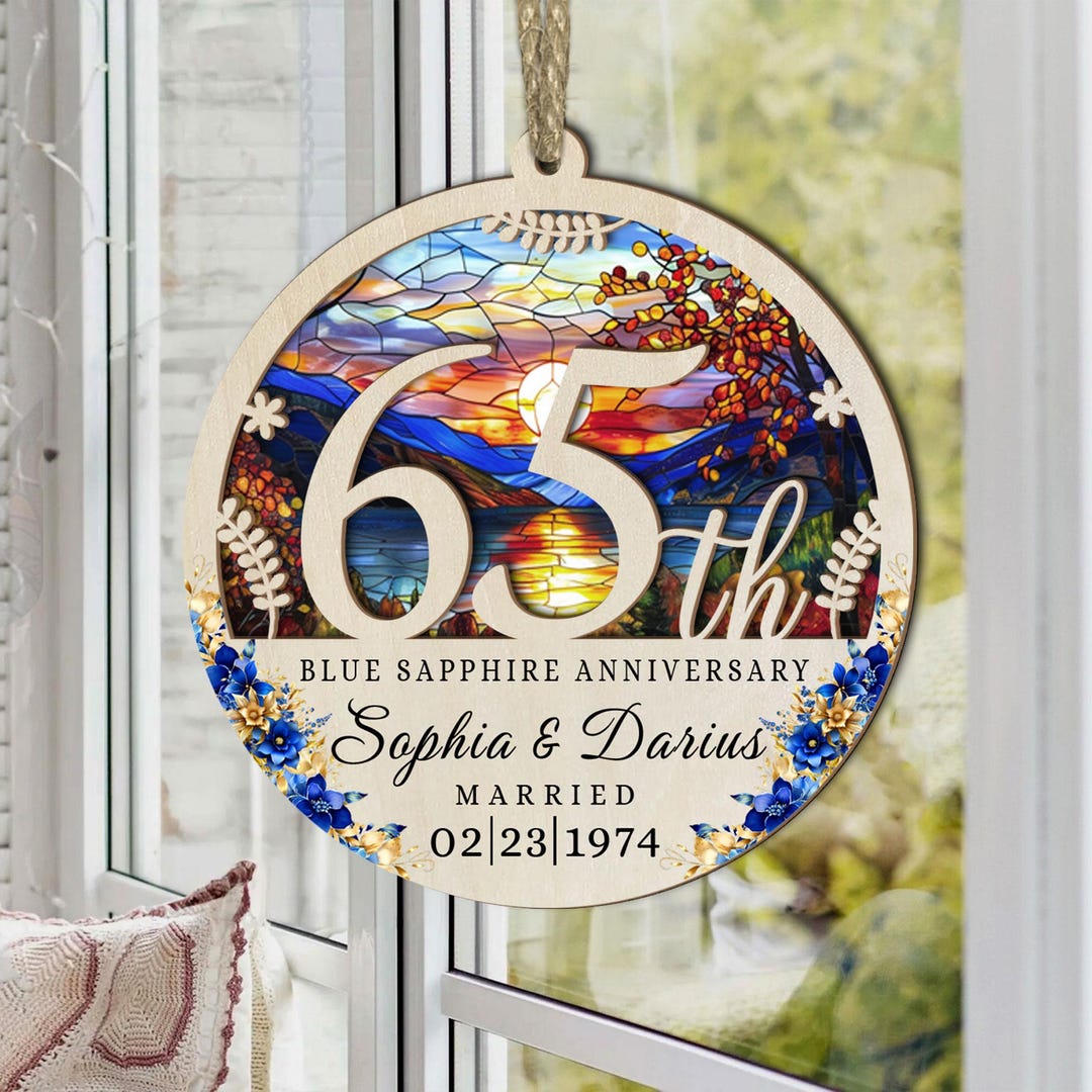 Personalized 65th Wedding Anniversary Suncatcher, 65th Blue Sapphire Wedding Gifts for Parents ...