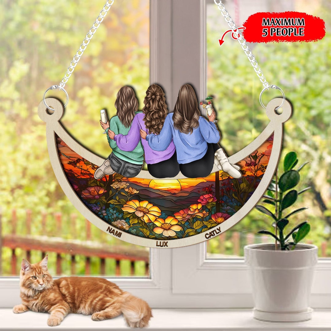 Personalized Sisters Suncatcher, Girls Sitting on the Moon Window ...