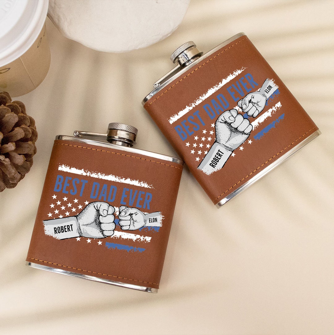 Personalized Best Dad Ever Leather Flask, Custom Kids Names Leather ...