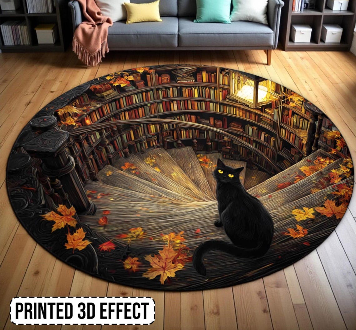 Printed 3D Printed Black Cat Library Rug, Black Cat Like Books Round ...