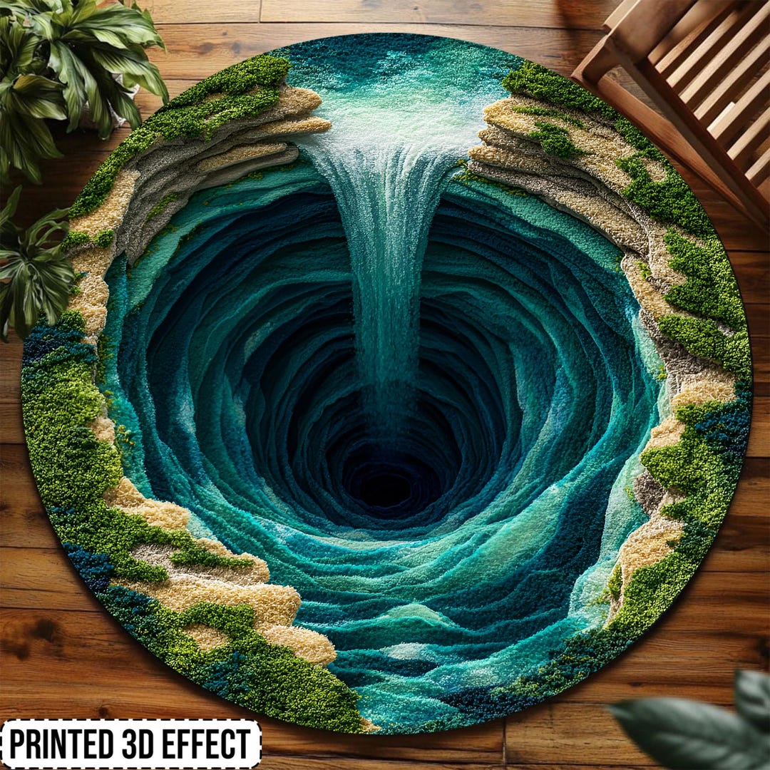 Fantasy Waterfall Sinkhole Round Carpet, 3D Printed Effect Waterfall ...