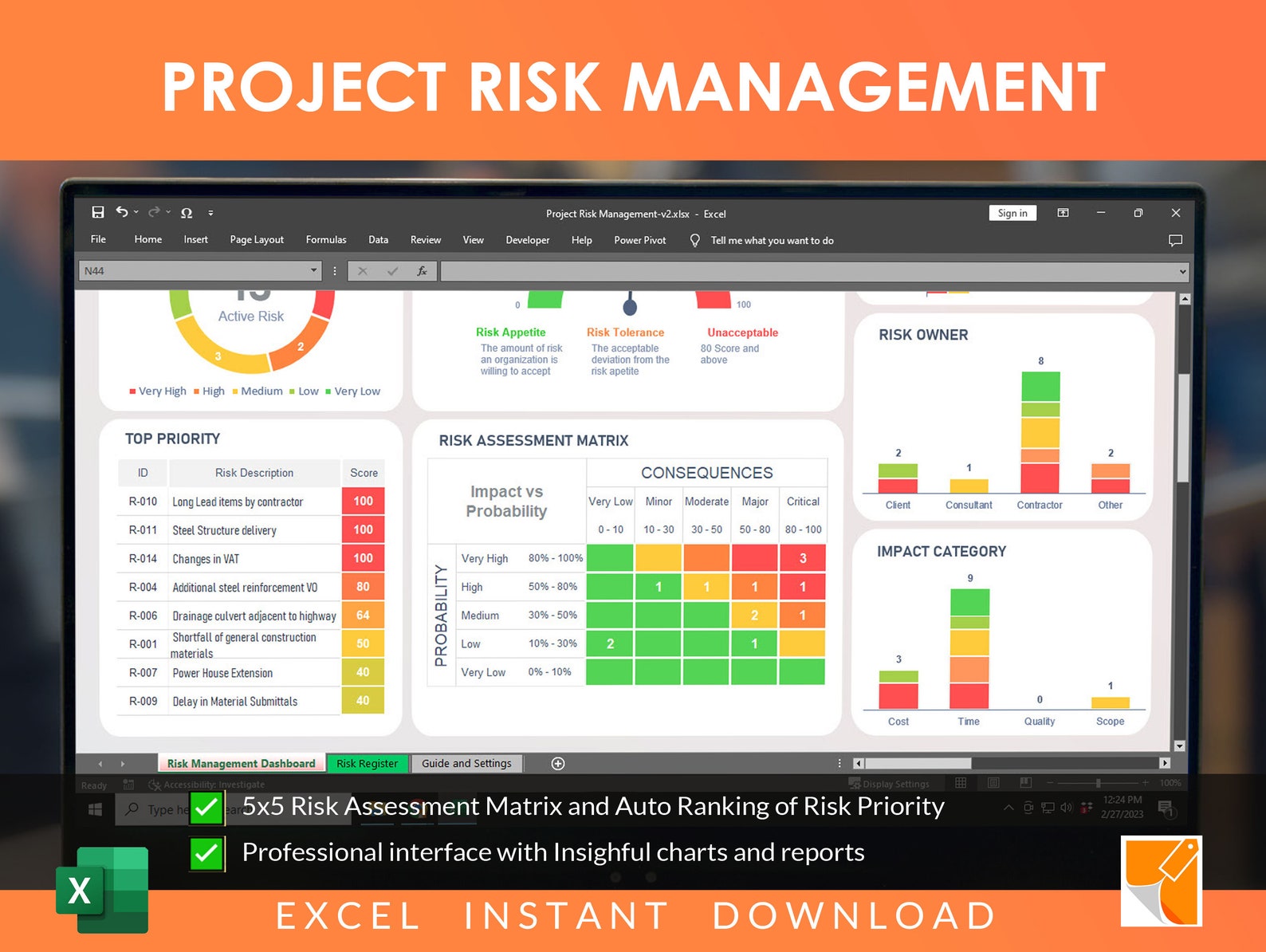 Project Risk Management Excel Template: PMBOK Guide Tool (digital ...
