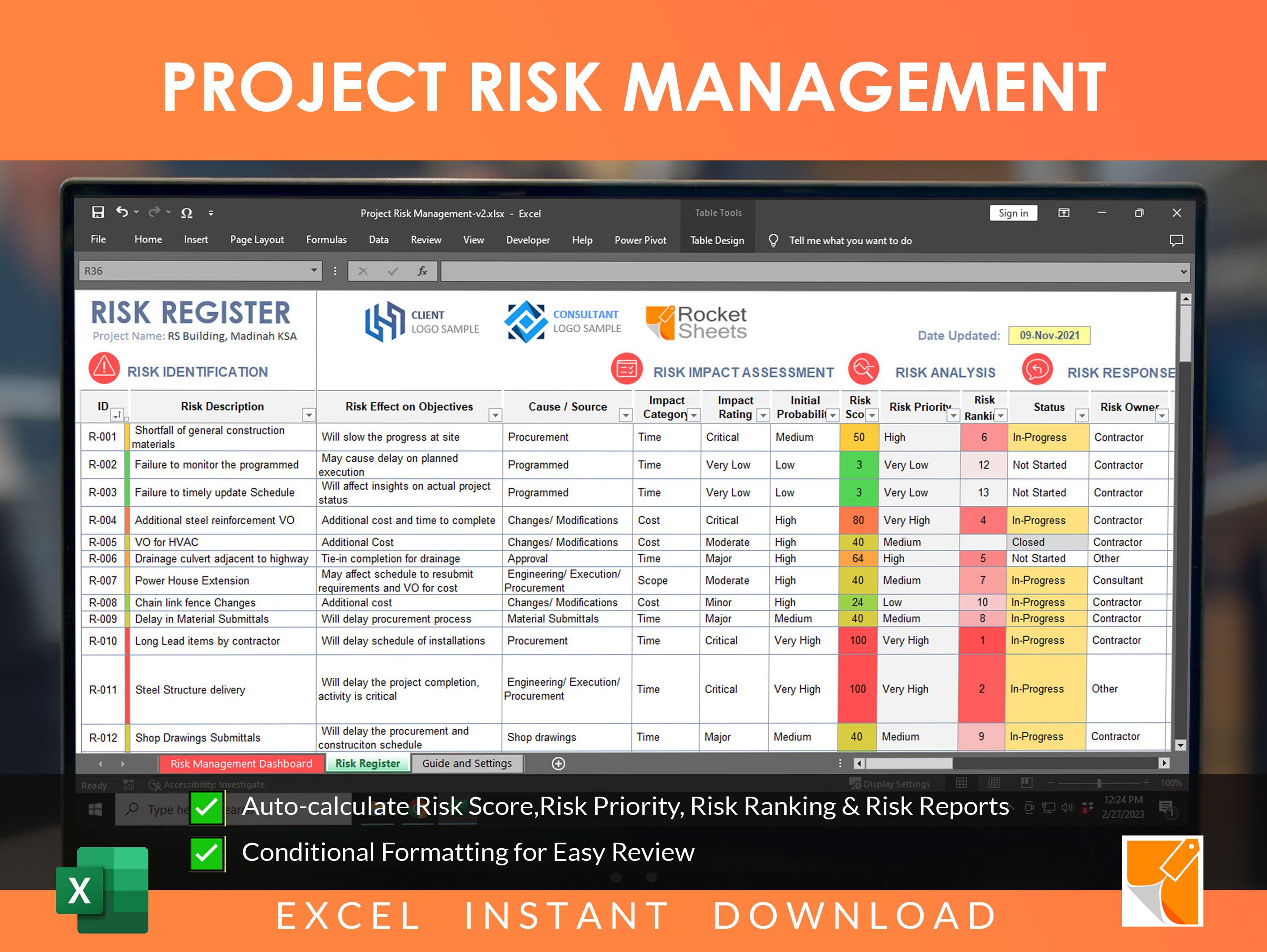 Project Risk Management Excel Template: PMBOK Guide Tool (digital ...