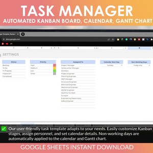 Task Manager Google Sheet Template: Kanban Board, Gantt Chart (instant ...