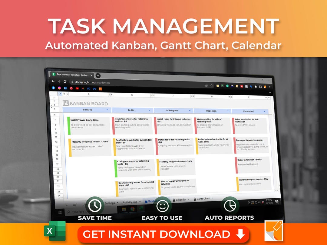 Task Manager Google Sheet Template: Kanban Board, Gantt Chart (instant ...