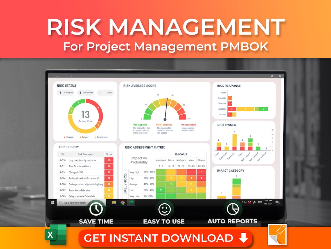 Project Risk Management Excel Template: PMBOK Guide Tool (digital ...