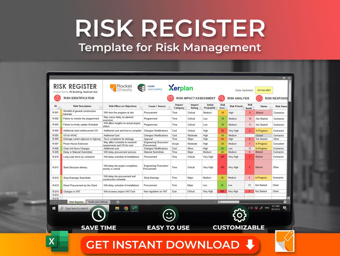 Risk Register Excel Template: PMBOK Guide, Risk Management (instant ...