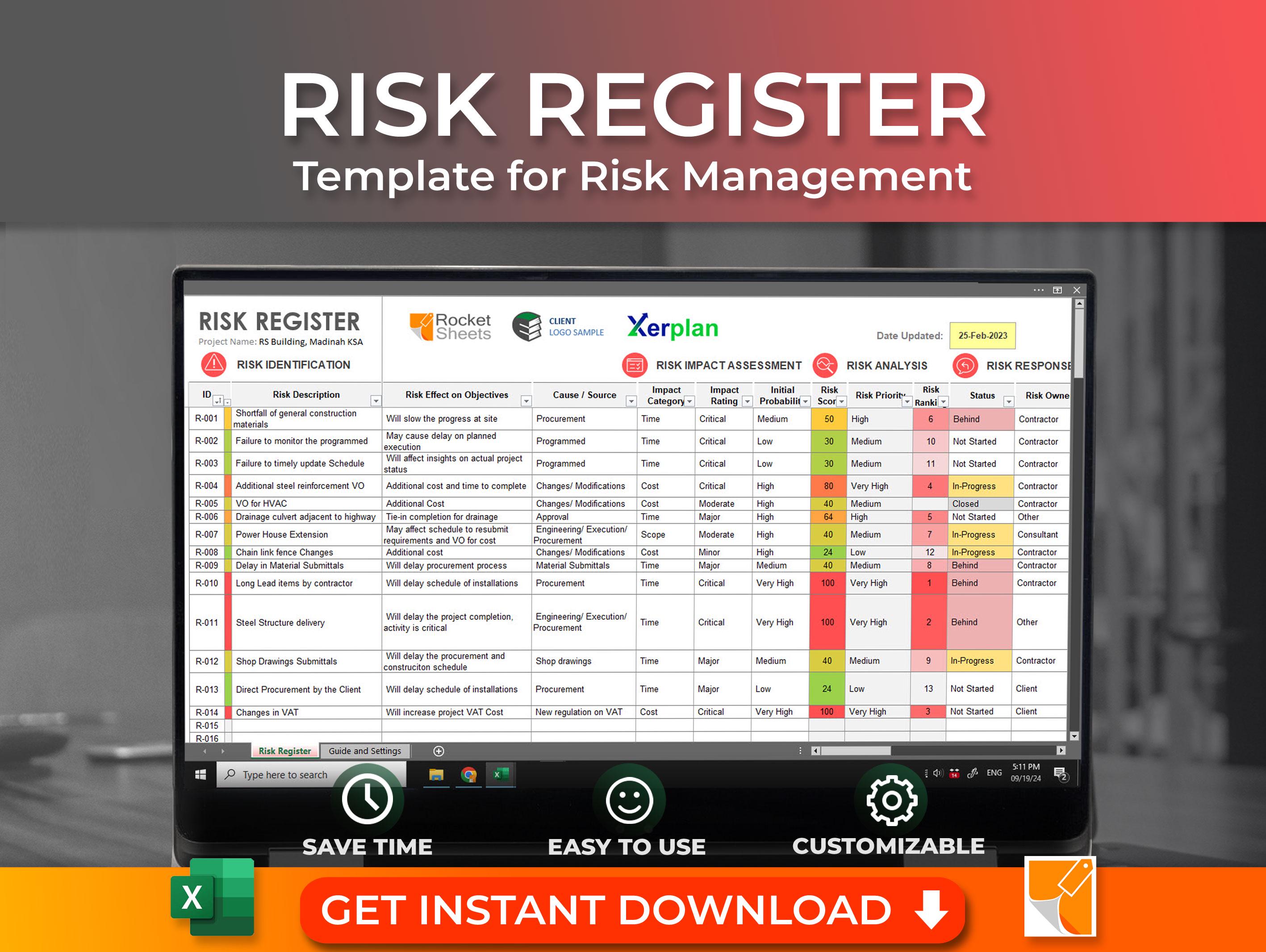 Risk Register Excel Template: PMBOK Guide, Risk Management (instant ...