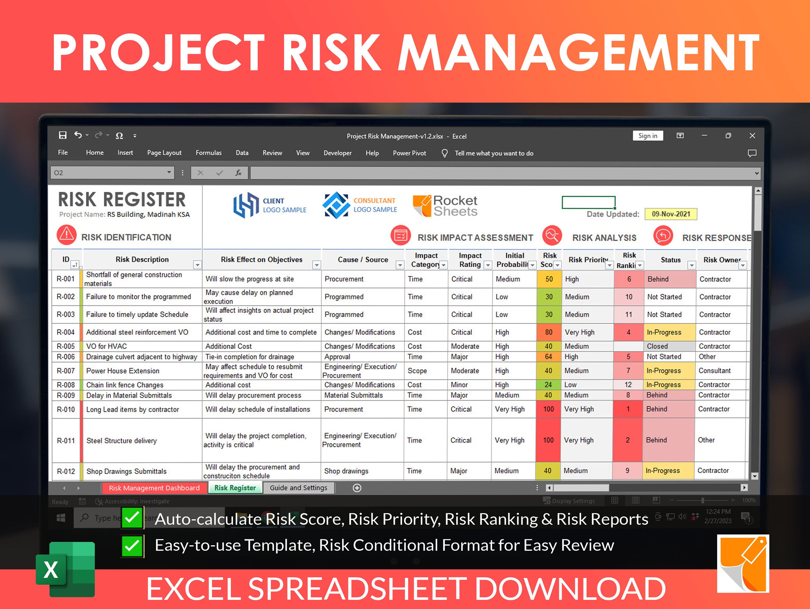 Project Risk Management Template, PMBOK Guide Tool, Risk Register Excel ...