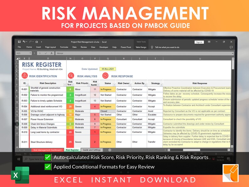 Project Risk Management Excel Template: PMBOK Guide, Risk Register ...
