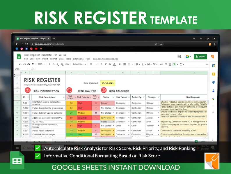 Risk Register Google Sheets Template, Risk Management, PMBOK Guide Tool ...