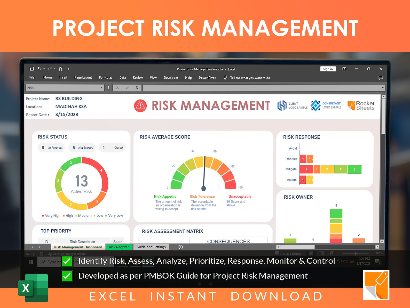 Project Risk Management Template, PMBOK Guide Tool, Risk Register Excel ...