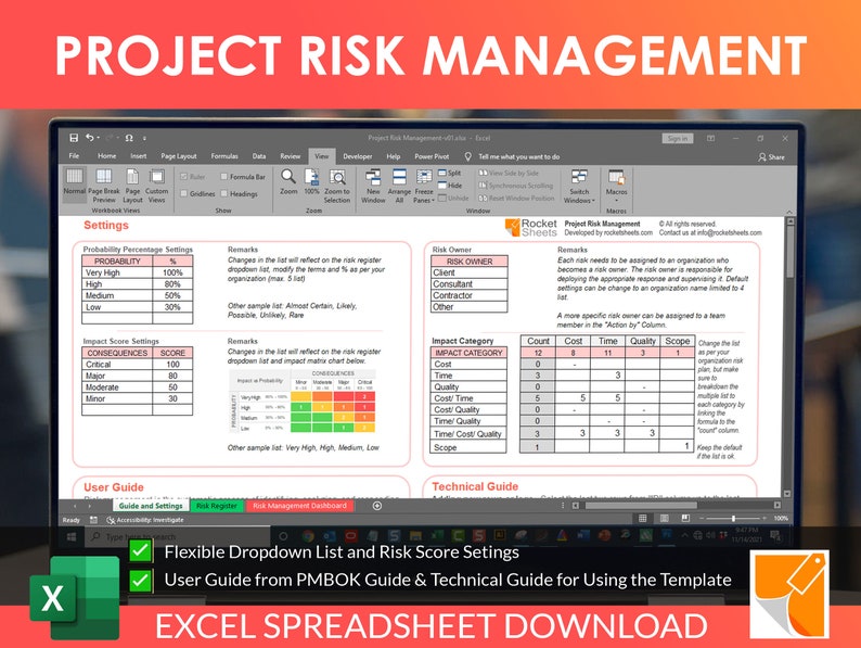 Project Risk Management Template, PMBOK Guide Tool, Risk Register Excel ...