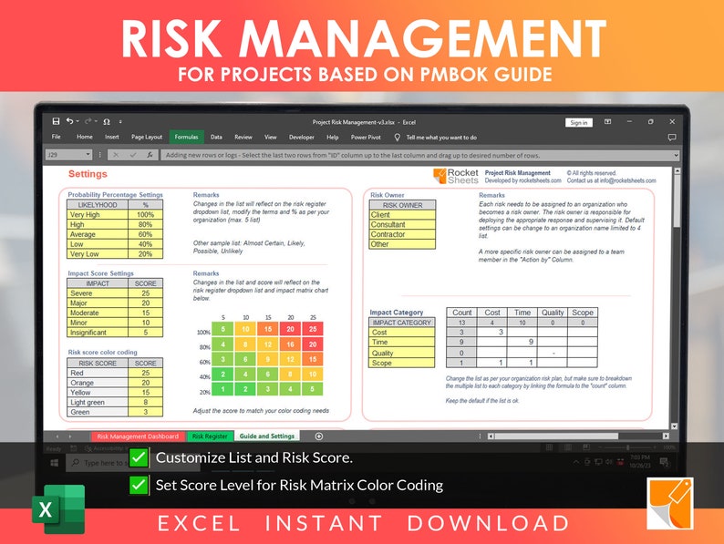 Project Risk Management Excel Template: PMBOK Guide, Risk Register ...