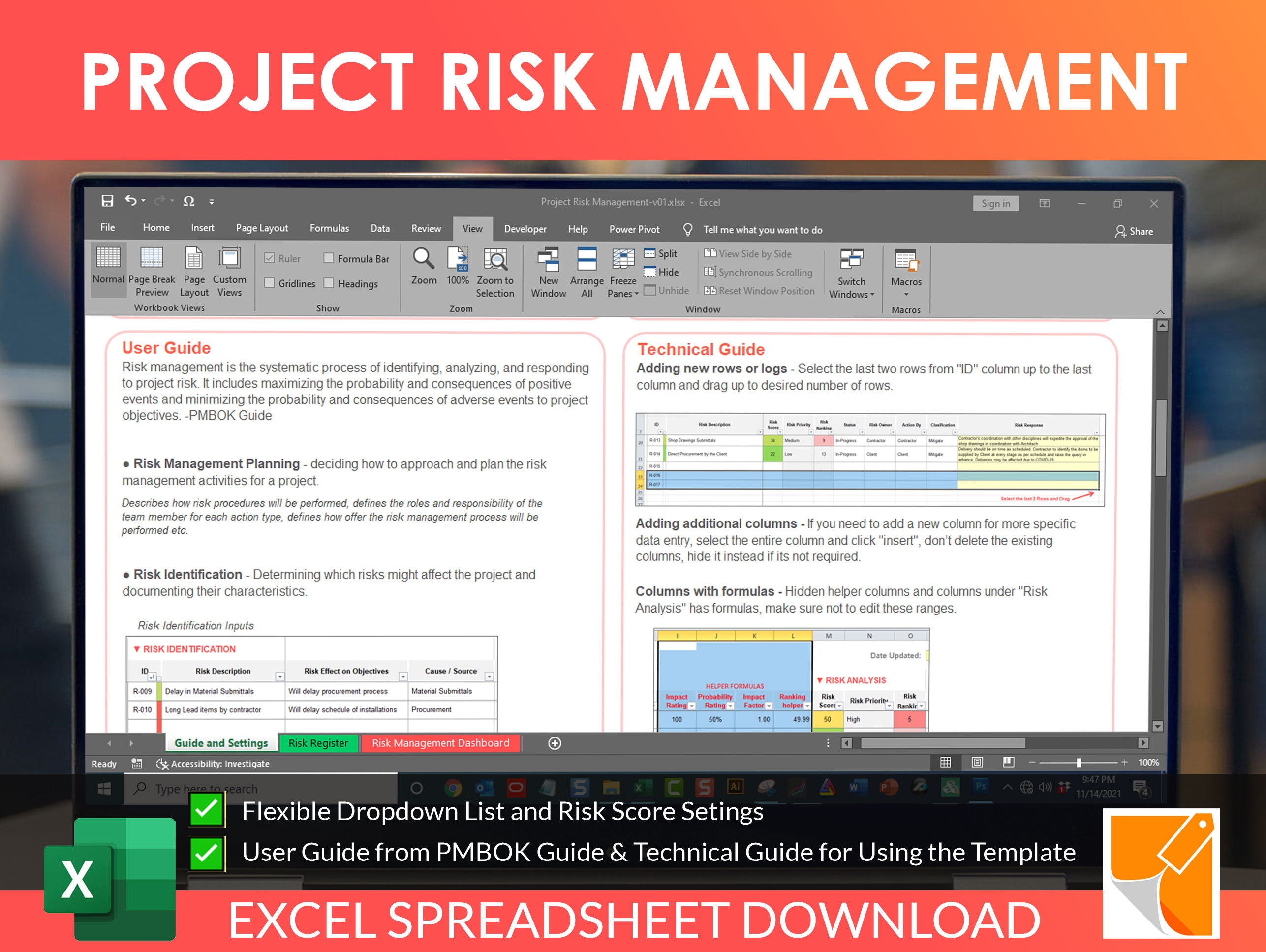 Project Risk Management Template, PMBOK Guide Tool, Risk Register Excel ...