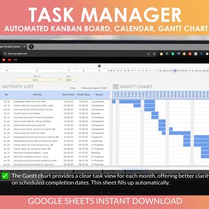 Task Manager Google Sheet Template: Kanban Board, Gantt Chart (instant ...