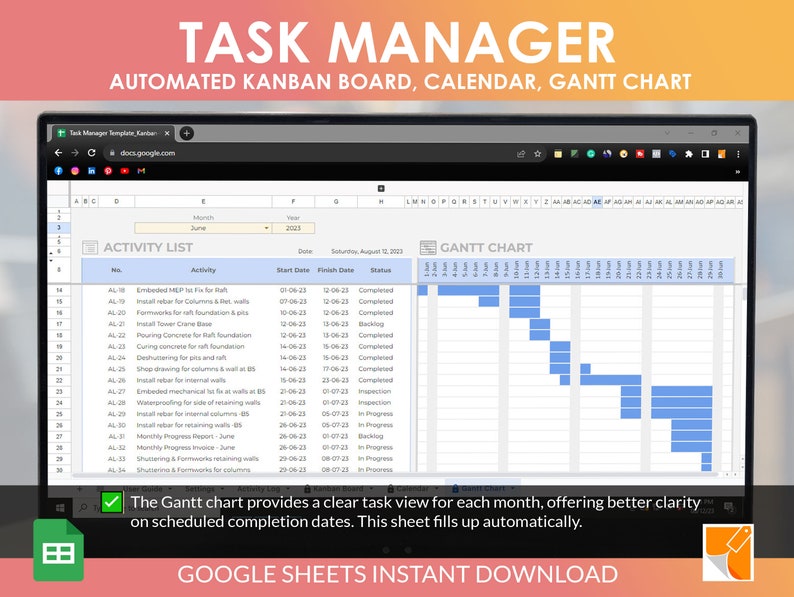 Task Manager Google Sheet Template: Kanban Board, Gantt Chart (instant ...