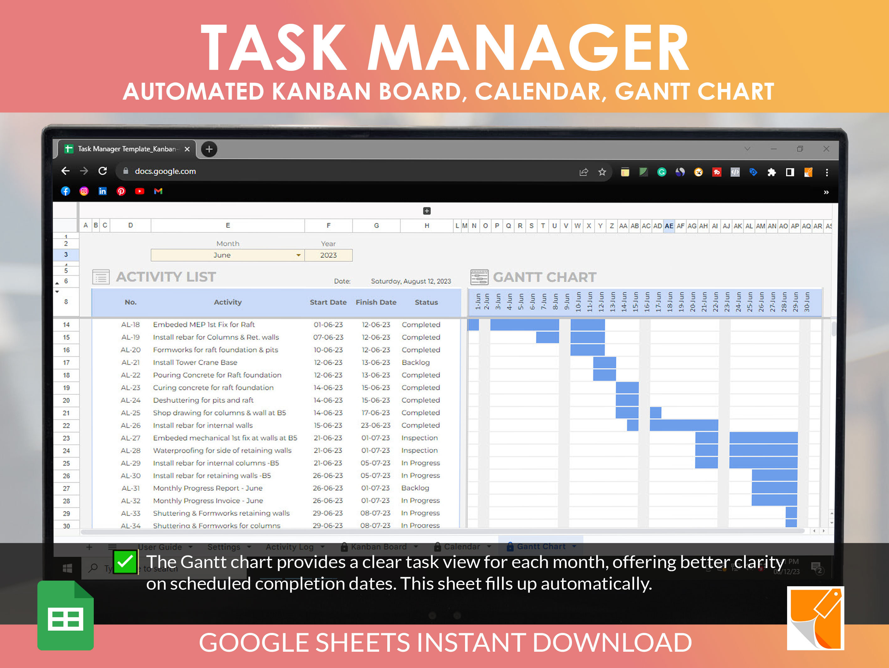 Task Manager Google Sheet Template: Kanban Board, Gantt Chart (instant ...