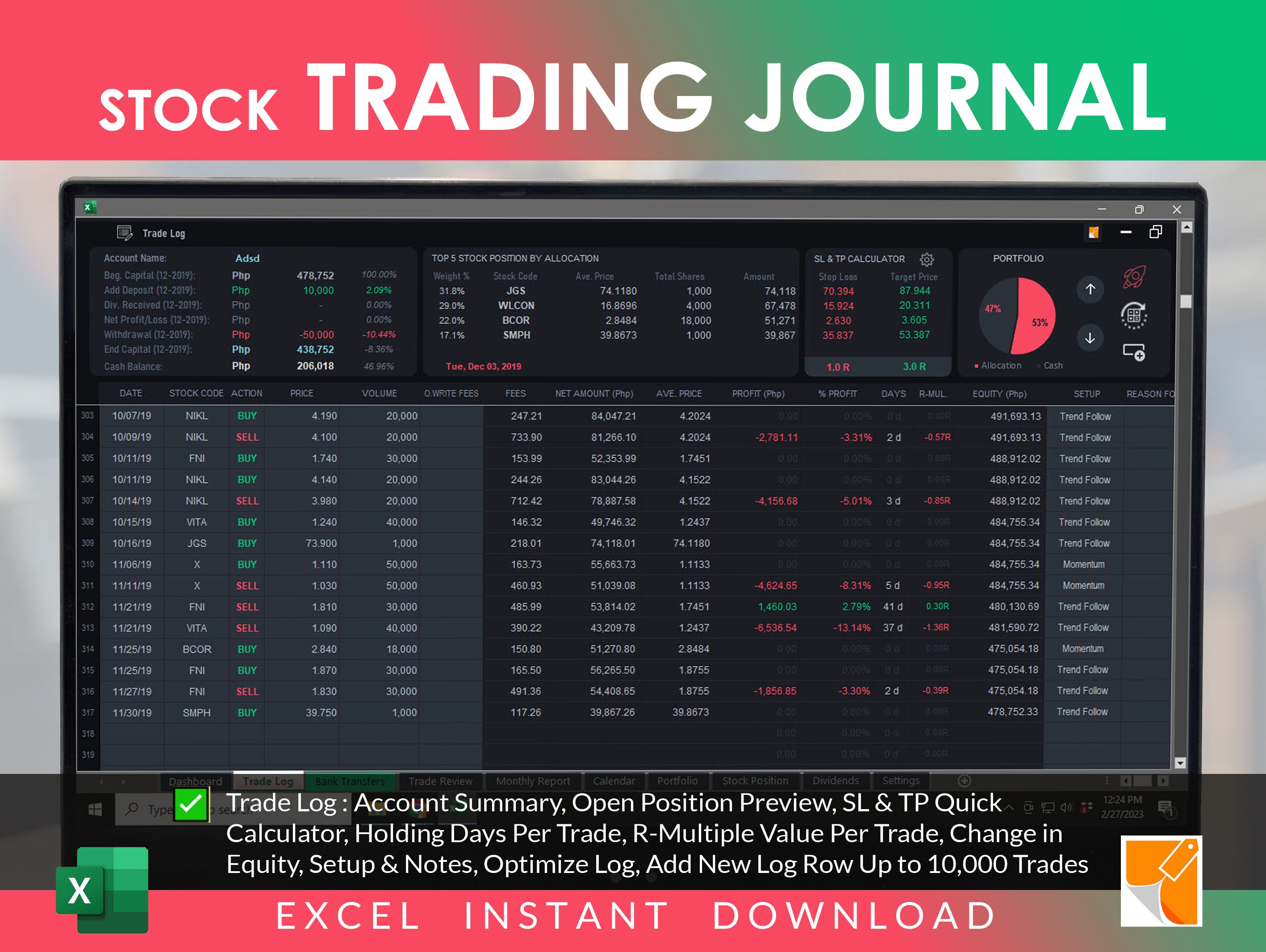 Stock Trading Journal Excel Template: Monitor Trading Performance ...