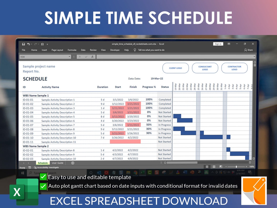 Simple Time Schedule Excel Template: Project Planner, Gantt Chart ...