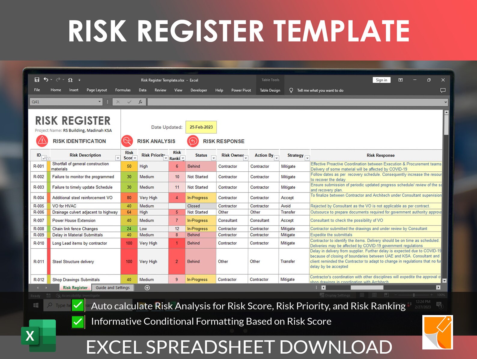 Risk Register Template, Risk Management Spreadsheet, PMBOK Guide Tool, Risk Assessment, Risk ...