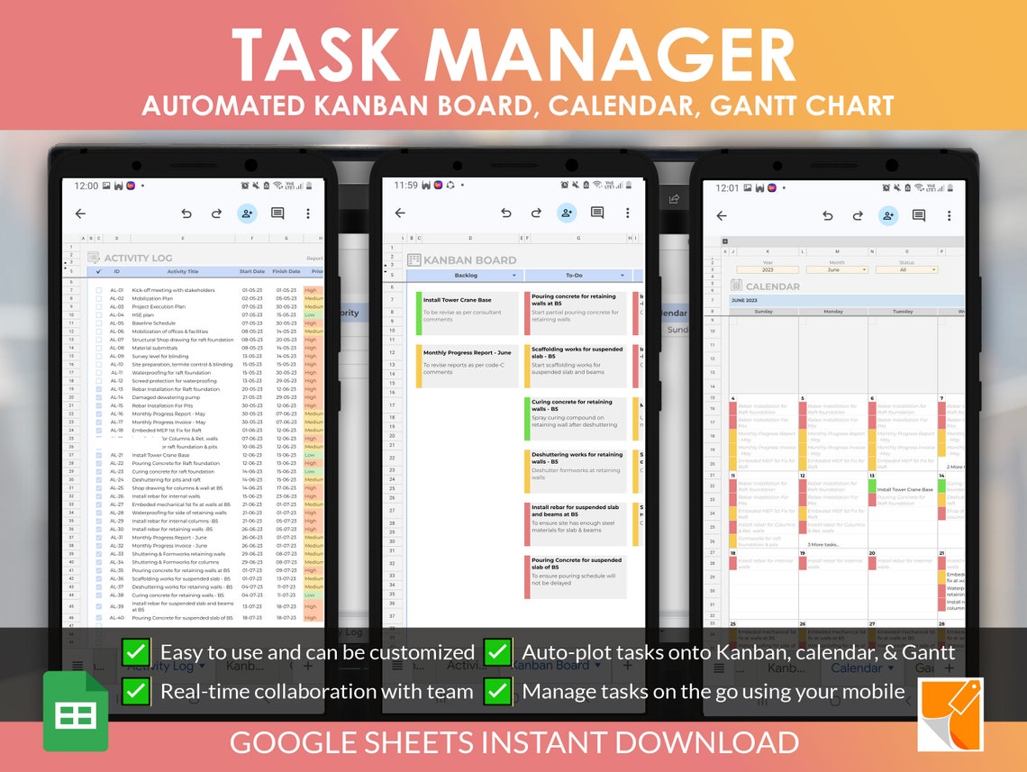 Task Manager Google Sheet Template: Kanban Board, Gantt Chart (instant ...
