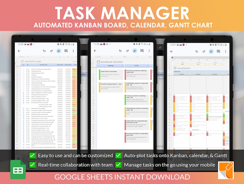 Task Manager Google Sheet Template: Kanban Board, Gantt Chart (instant ...