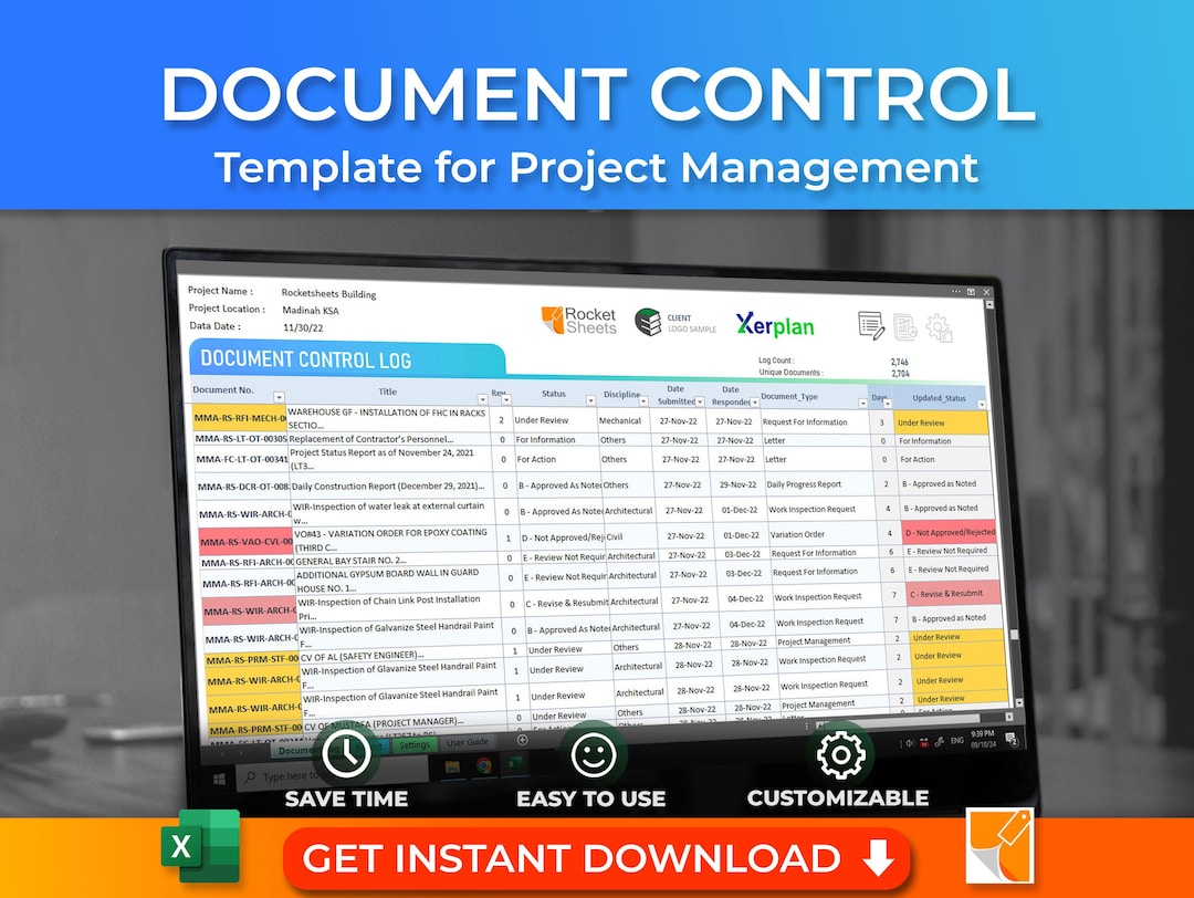 Document Control Template: Project Management Spreadsheet (instant ...