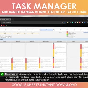 Task Manager Google Sheet Template: Kanban Board, Gantt Chart (instant ...