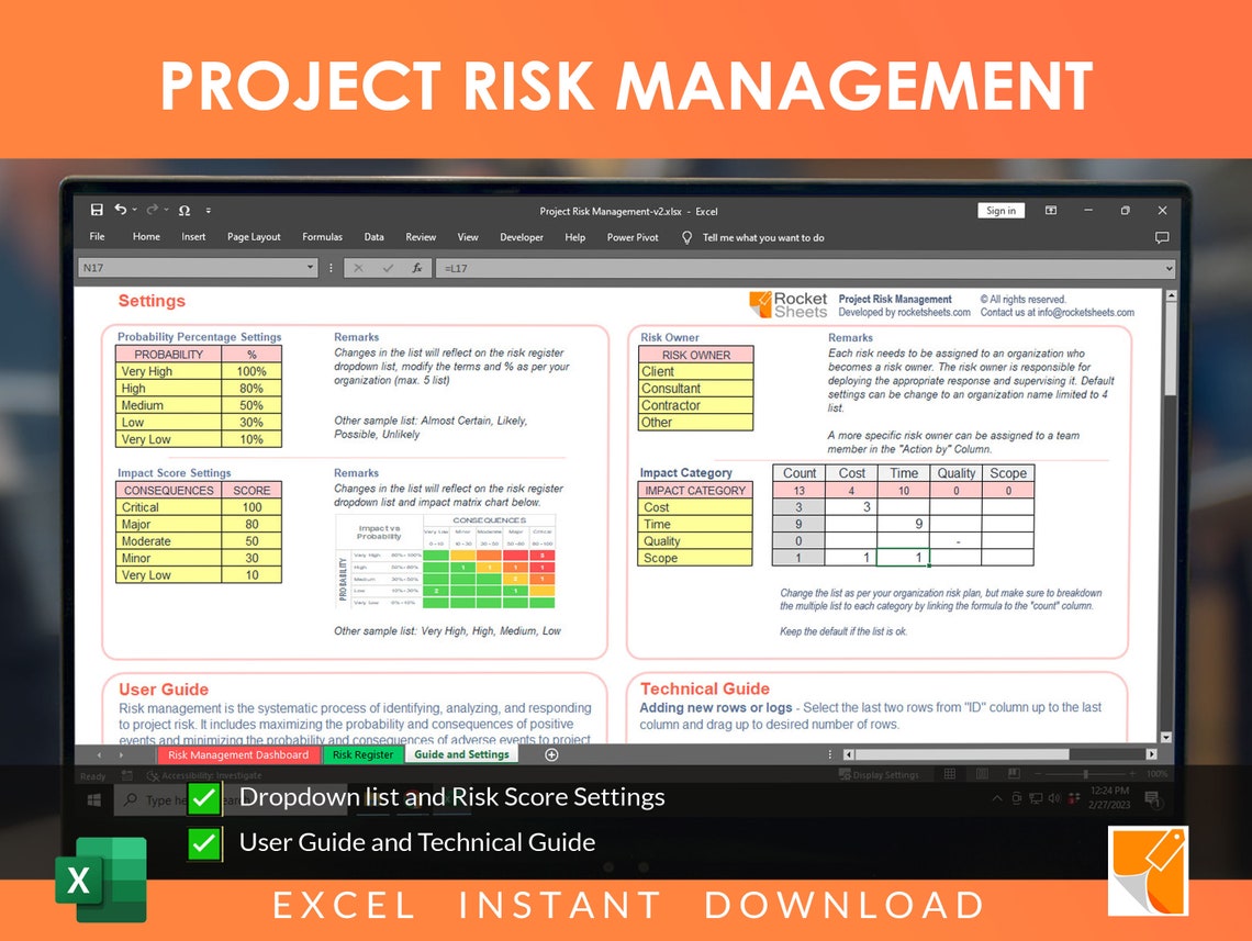 Project Risk Management Template, PMBOK Guide Tool, Risk Register Excel ...