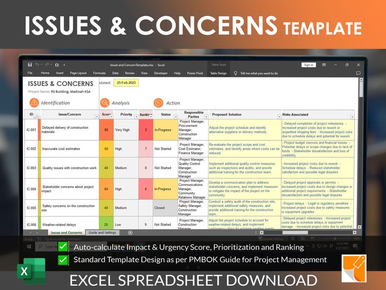 Issues and Concerns Template, Issues Tracker Excel Template, Management ...