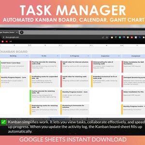 Task Manager Google Sheet Template: Kanban Board, Gantt Chart (instant ...